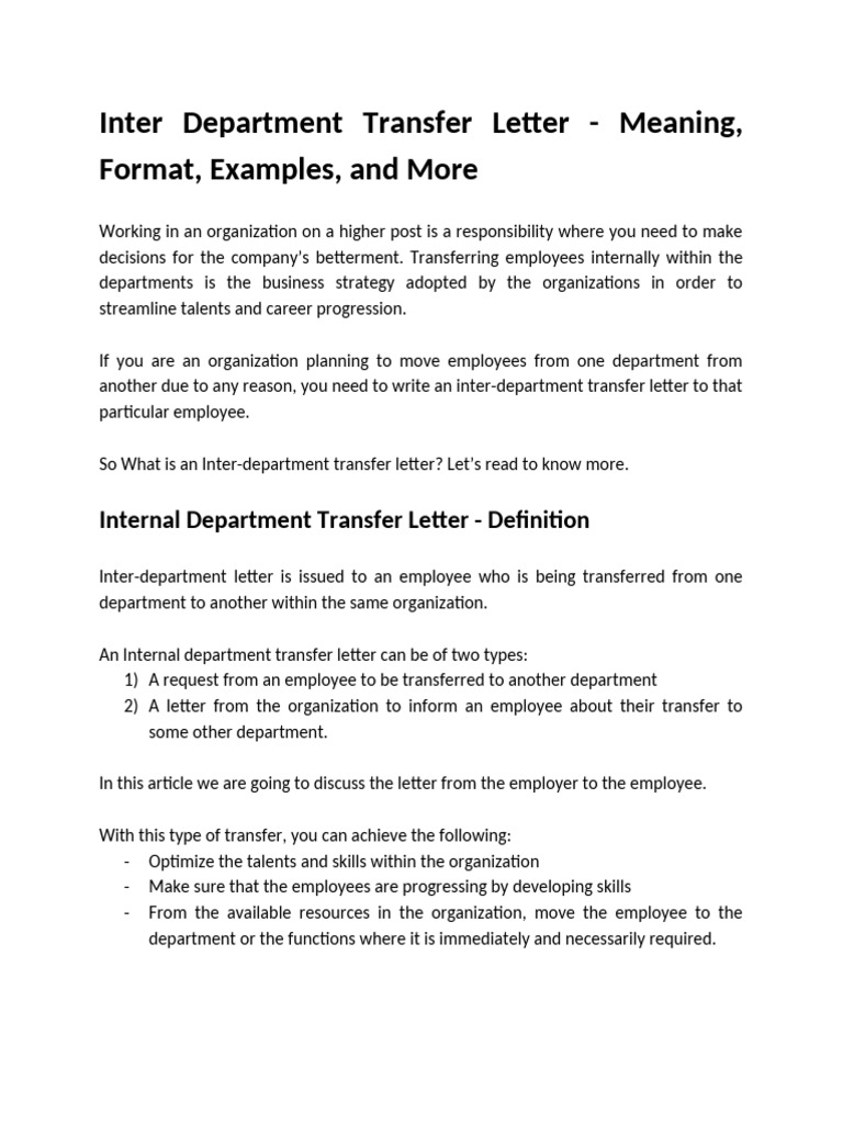Inter-Department Transfer Letter Format | PDF | Employment | Business