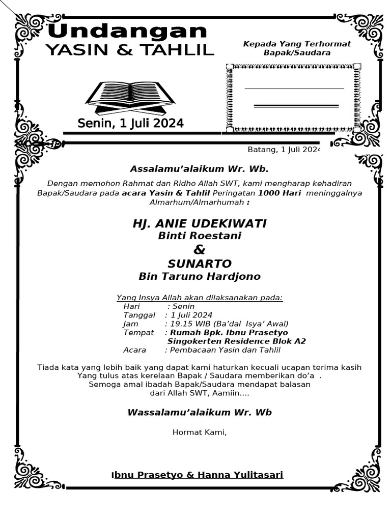 Undangan Yasin dan Tahlil 1000 Hari | PDF
