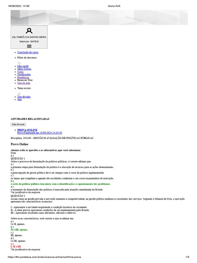 Aluno AVA Prova Terceito Modulo Gestão Publica | PDF | Estado | Brasil