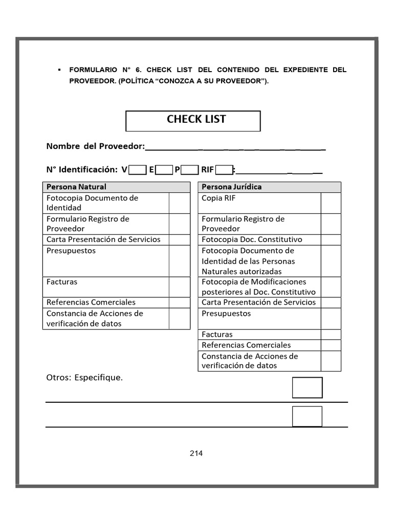 FORMULARIO N° 6. CHECK LIST DEL CONTENIDO DEL EXPEDIENTE DEL PROVEEDOR | PDF