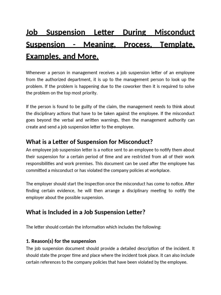Job Suspension Letter During Misconduct Suspension | PDF | Employment ...