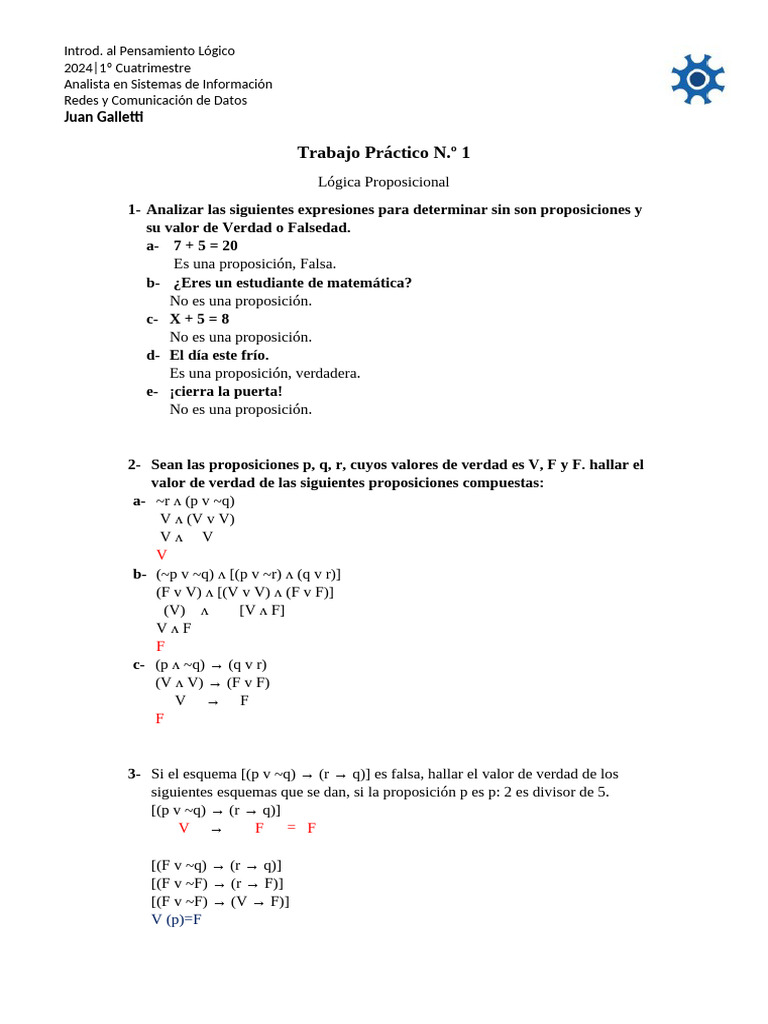 Trabajo Práctico N1 Int Ps Log | PDF | Proposición | Lógica matemática