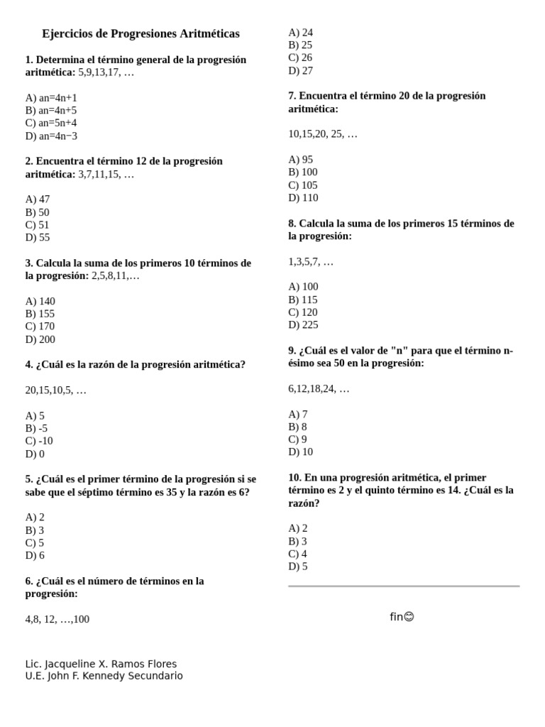 Ejercicios de Progresiones Aritméticas | PDF
