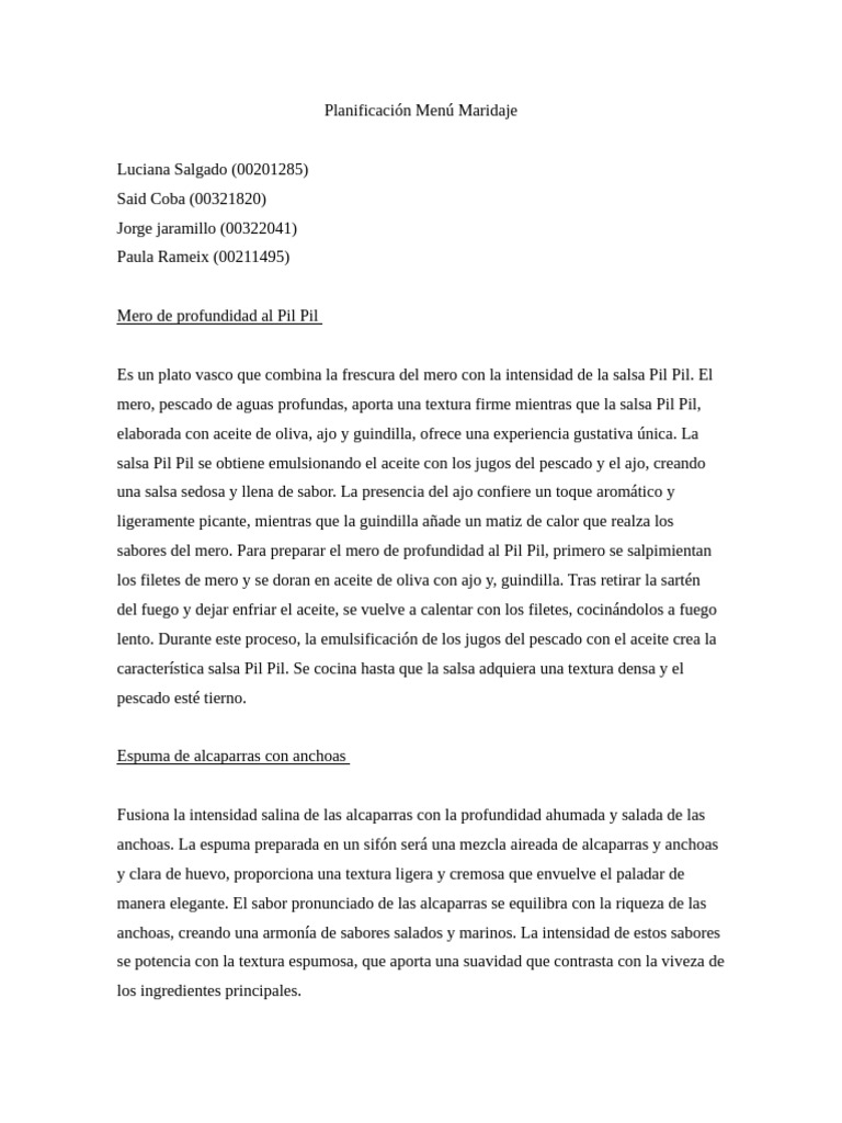 Planificación Menú Maridaje | PDF | Salsa | Vino