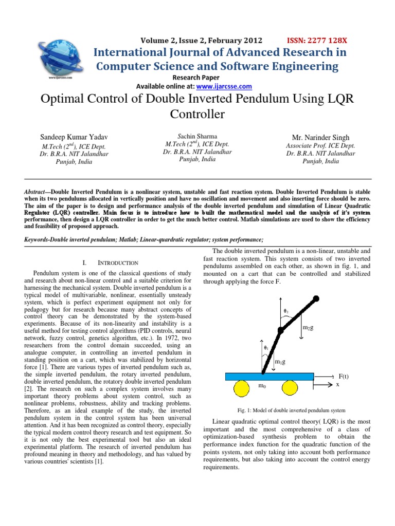 Optimal Control of Double Inverted Pendulum Using LQR Controller ... Optimal Control of Double Inverted Pendulum Using LQR Controller ...