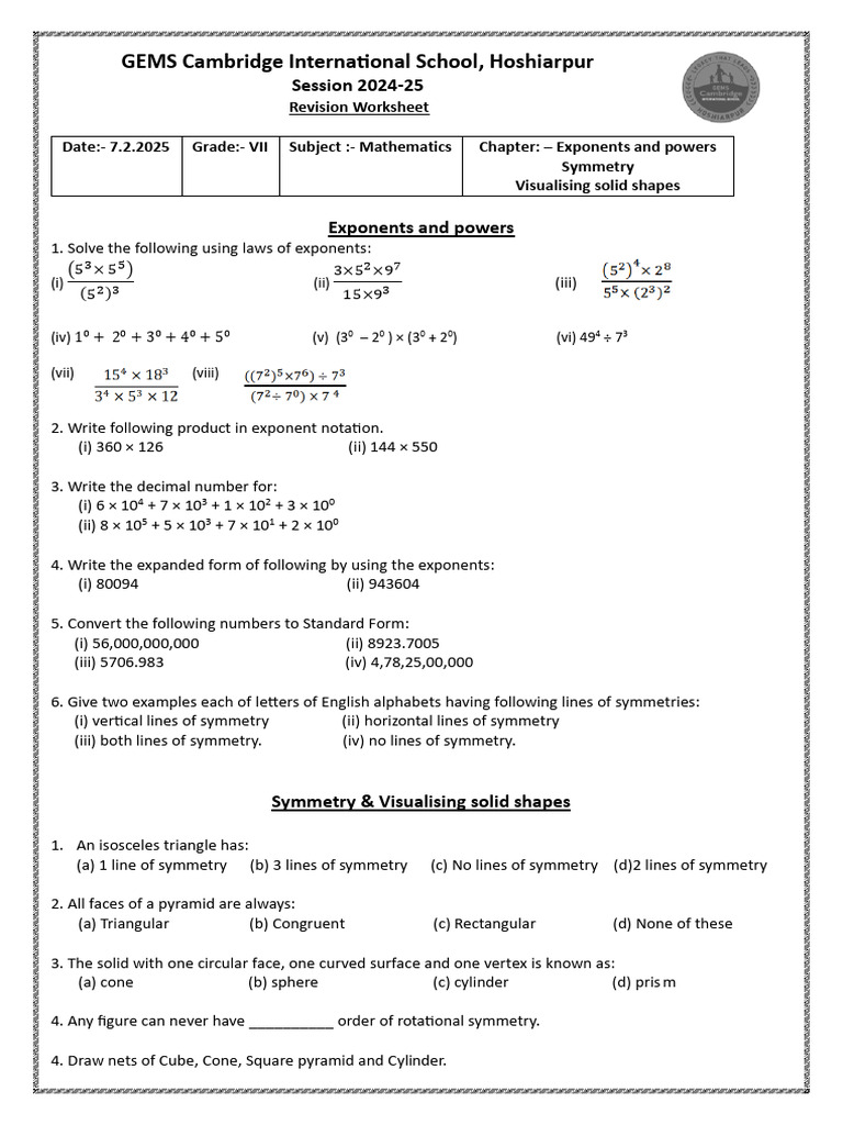 Revision Worksheet, G7, CH - Exponents & Powers, Symmetry, Visualising ...