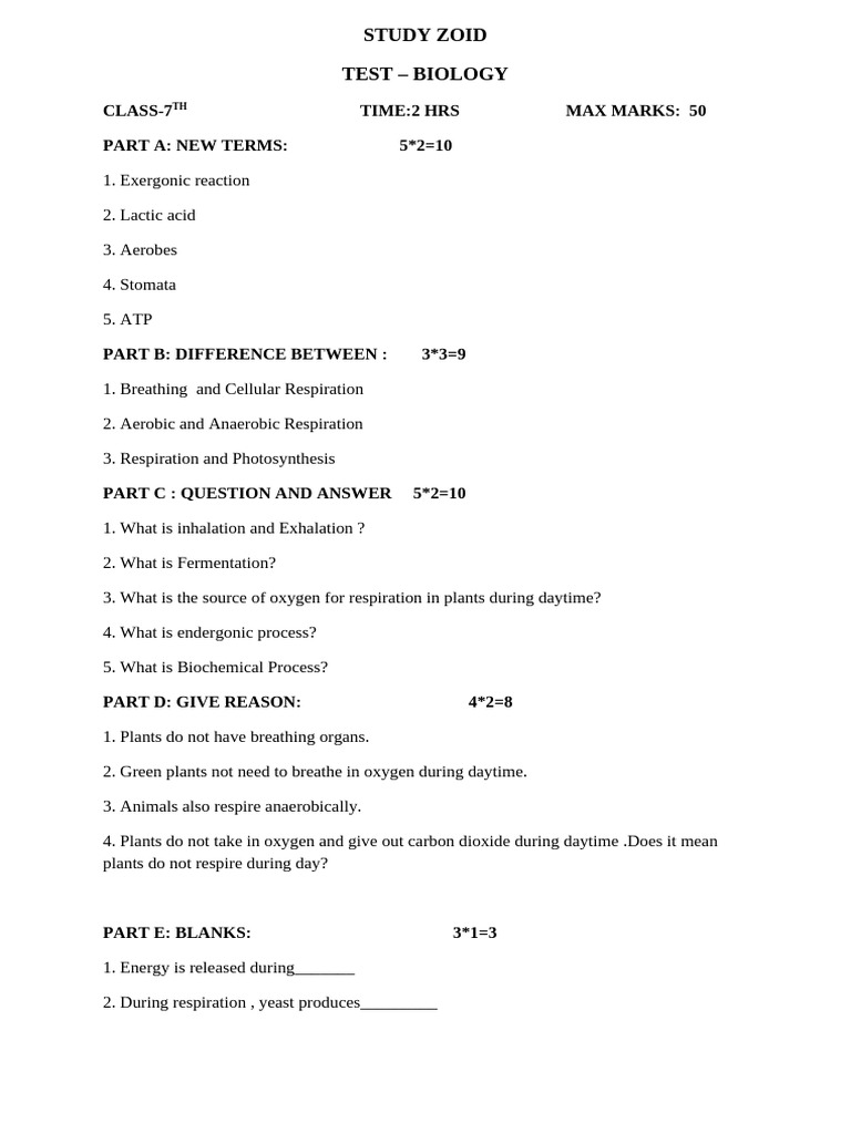Class 7 Respiration Study Guide | PDF