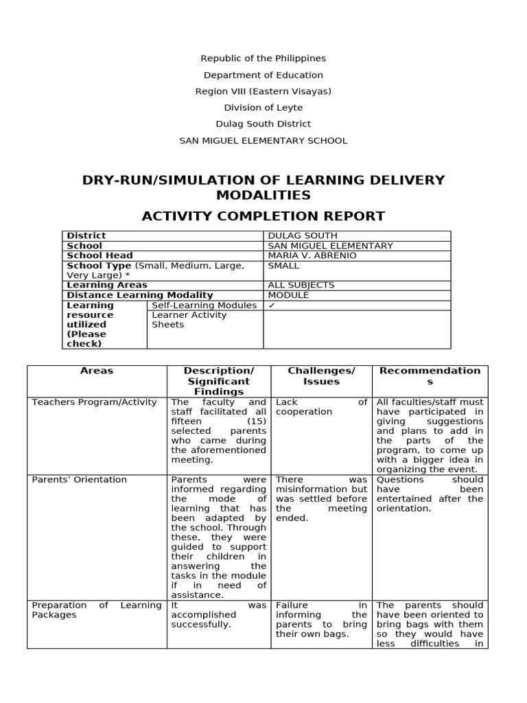 Dry-Run Simulation of Learning Delivery Modalities Activity Completion ...