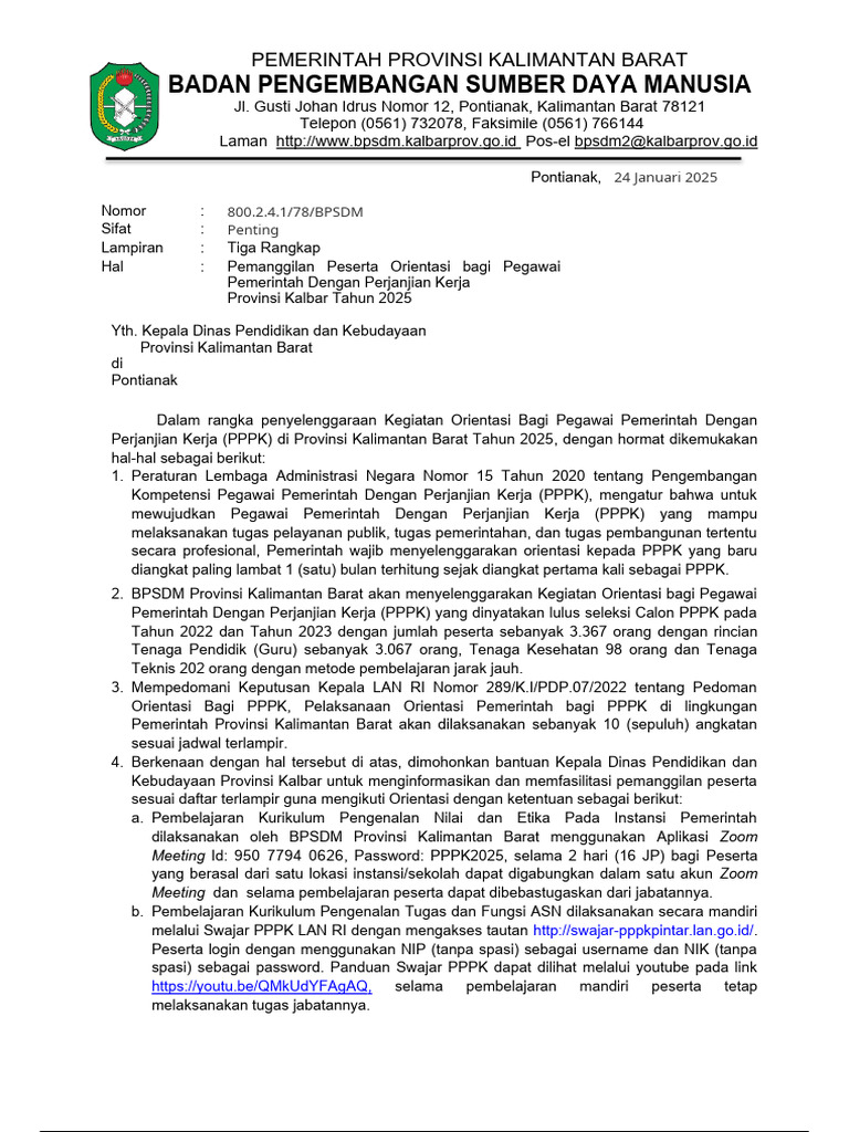 SURAT PEMANGGILAN PESERTA ORIENTASI PPPK DINAS PENDIDIKAN | PDF
