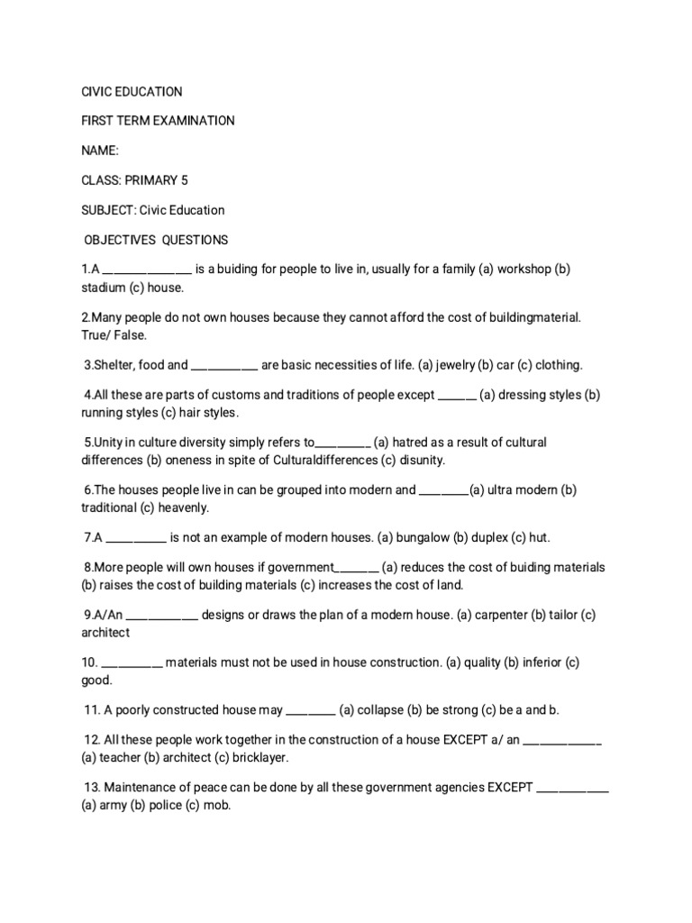 Civic Education Exam Basic 5 | PDF