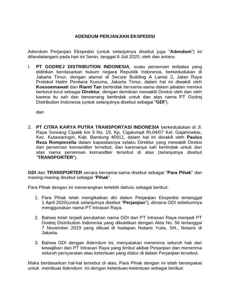 Addendum Ubah Nama Dari Intrasari Ke GDI - Perjanjian Ekspedisi Citra Karya Putra | PDF