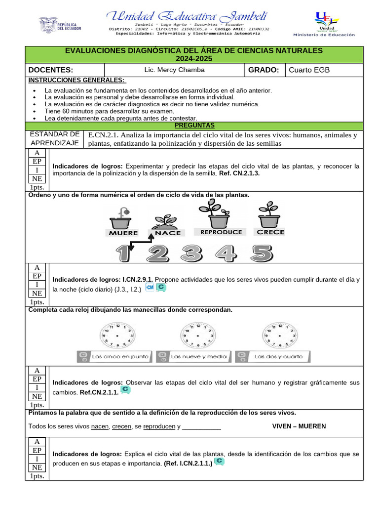 Evaluación Diagnóstica Ciencias Naturales EGB4 | PDF | Plantas | Biología
