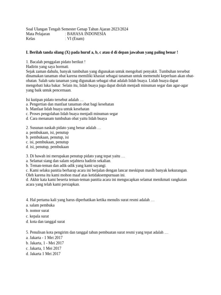 Soal UTS Bahasa Indonesia Kelas VI | PDF