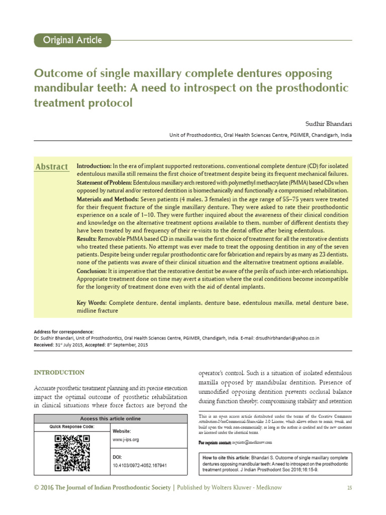 Outcome of Single Maxillary Complete Dentures.5 | PDF | Dental Implant ...