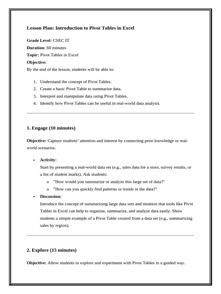 Excel Pivot Tables Lesson Plan | PDF | Data | Data Analysis