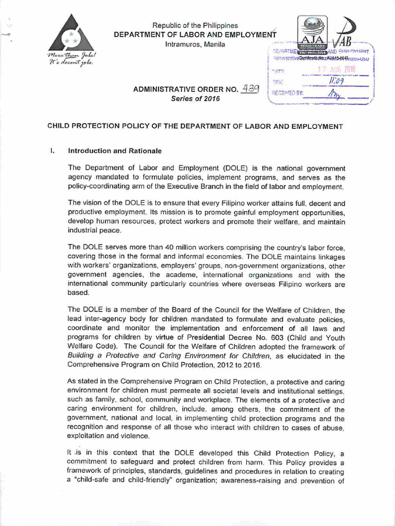 DOLE Administrative Order No. 439 Series of 2016 Min | PDF