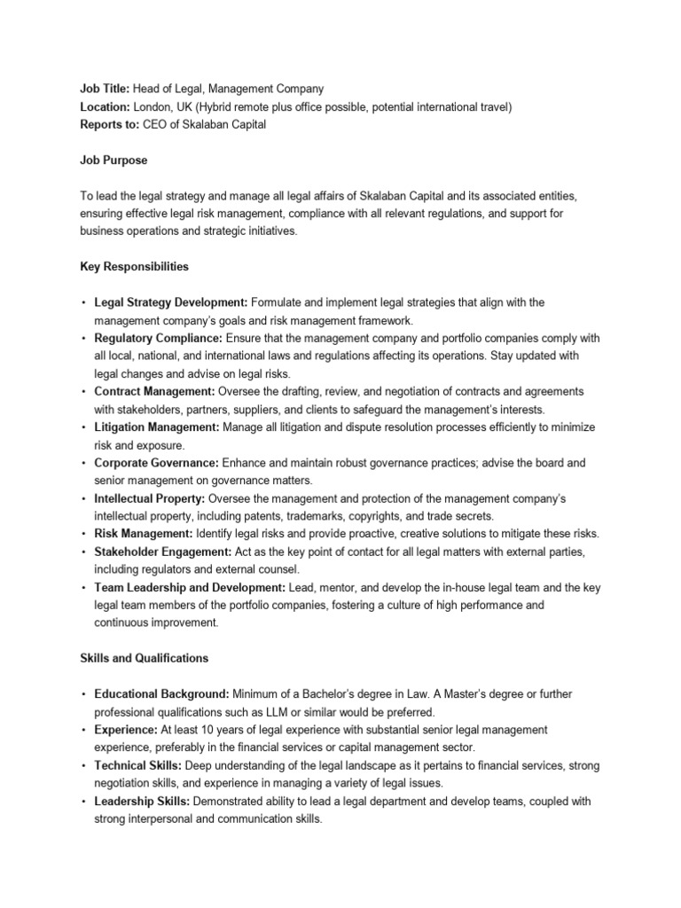 Head of Legal Job Description | PDF | Governance | Risk Management