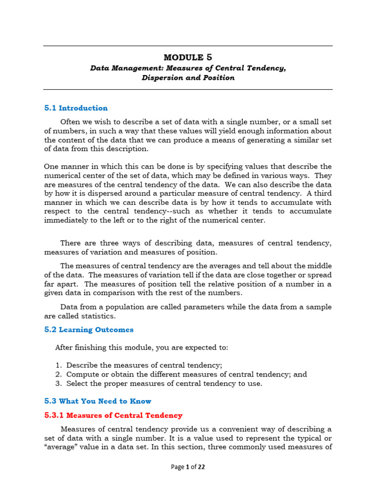 Module 5 Measures of Central Tendency | PDF | Variance | Mean