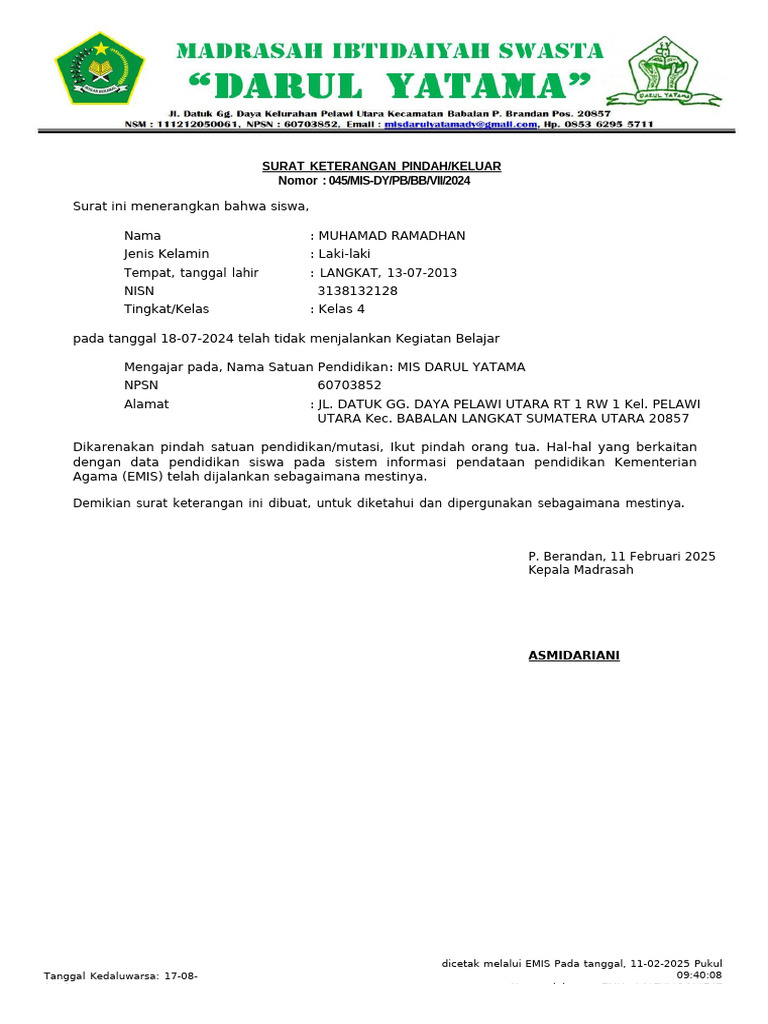 Mutasi Keluar - Surat Keterangan - MUHAMAD RAMADHAN | PDF