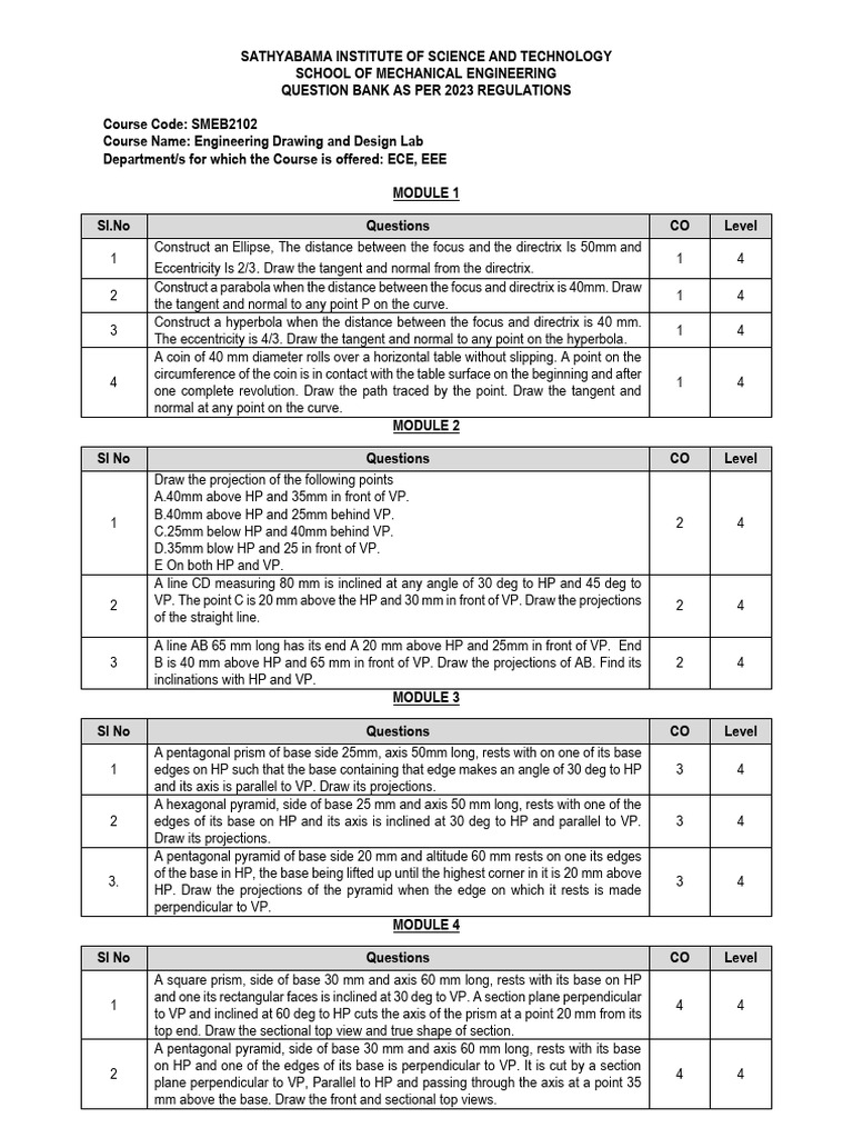 Question Bank - Engineering Design and Drawing - Smeb 2102 | PDF | Euclidean Plane Geometry ...