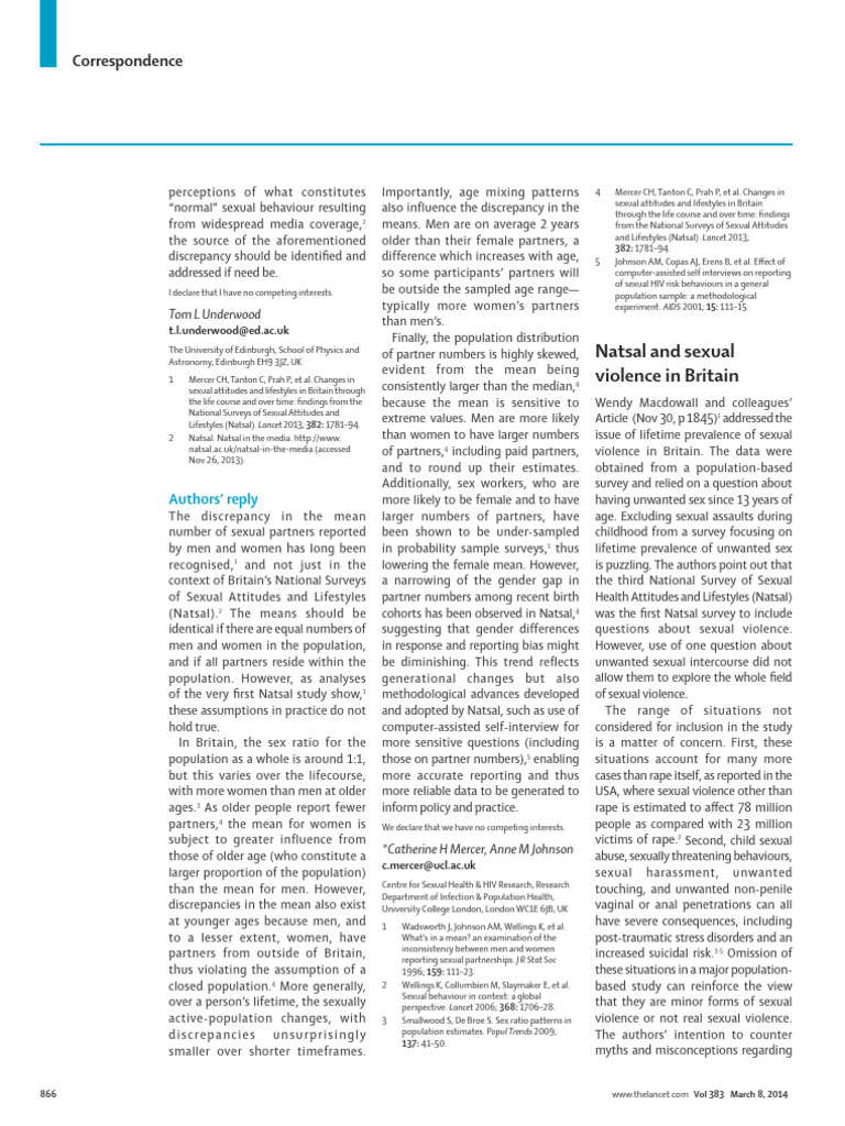 Discrepancies in Natsal – Authors' Reply - La | PDF | Rape | Violence