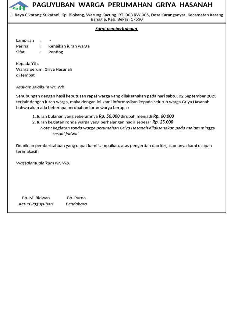 Surat Pemberitahuan Kenaikan Iuran Warga | PDF