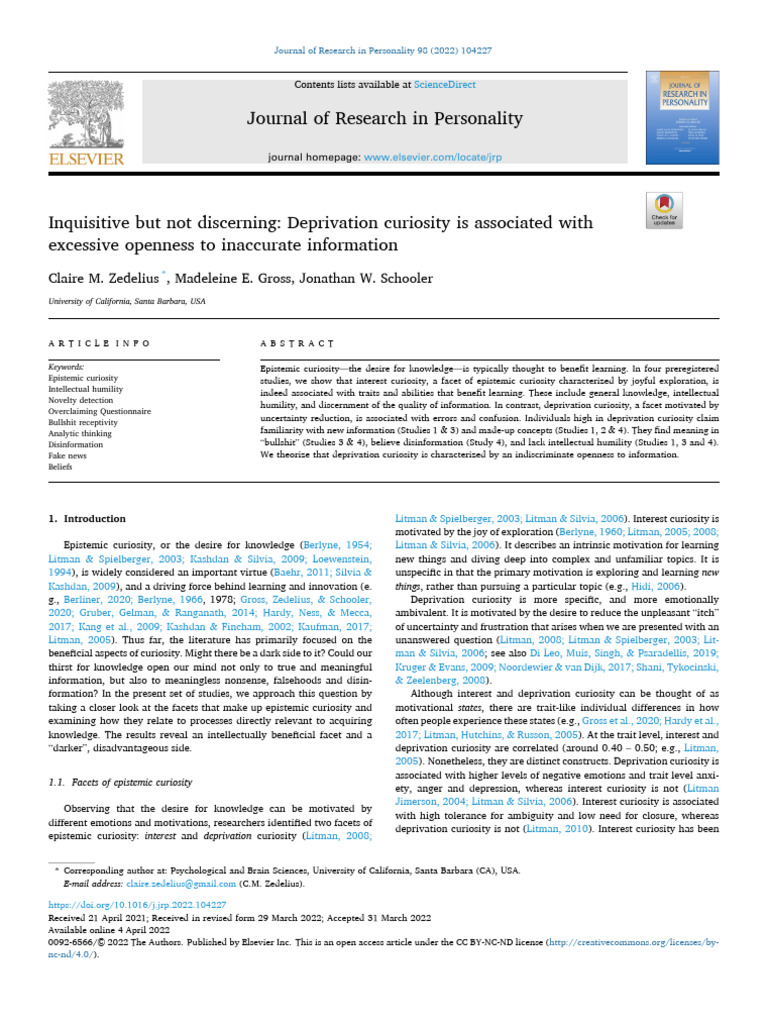 Deprivation Curiosity Is Associated With Excessive Openness To ...