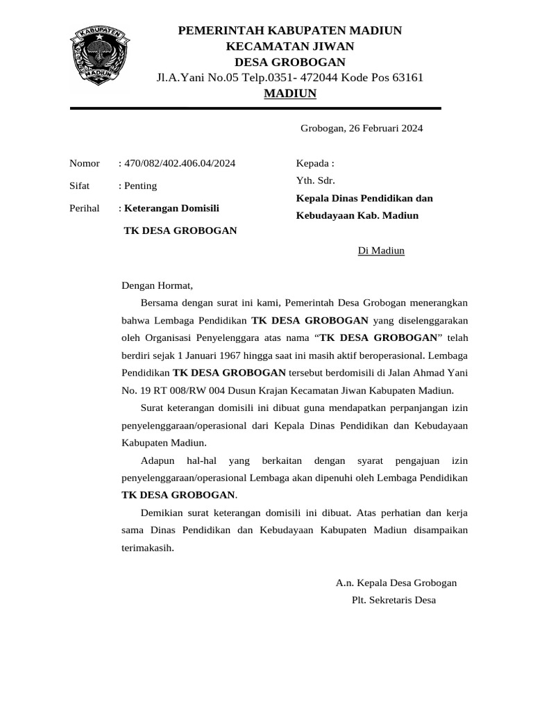 Ijin Operasional TK Grobogan | PDF