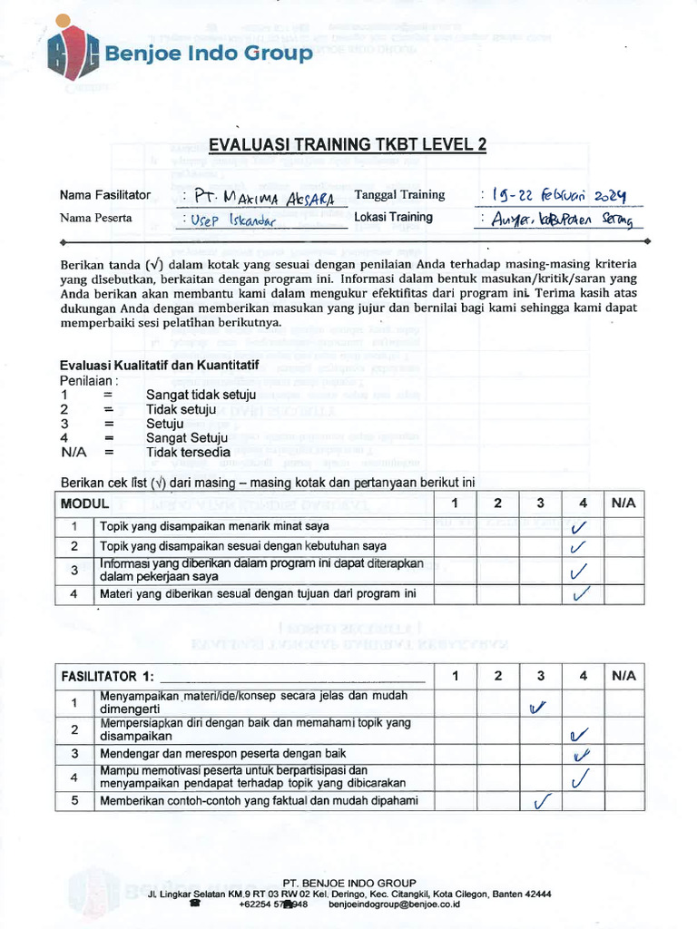 Evaluasi Training TKBT Level 2 Usep Iskandar 2024 PT BIG | PDF