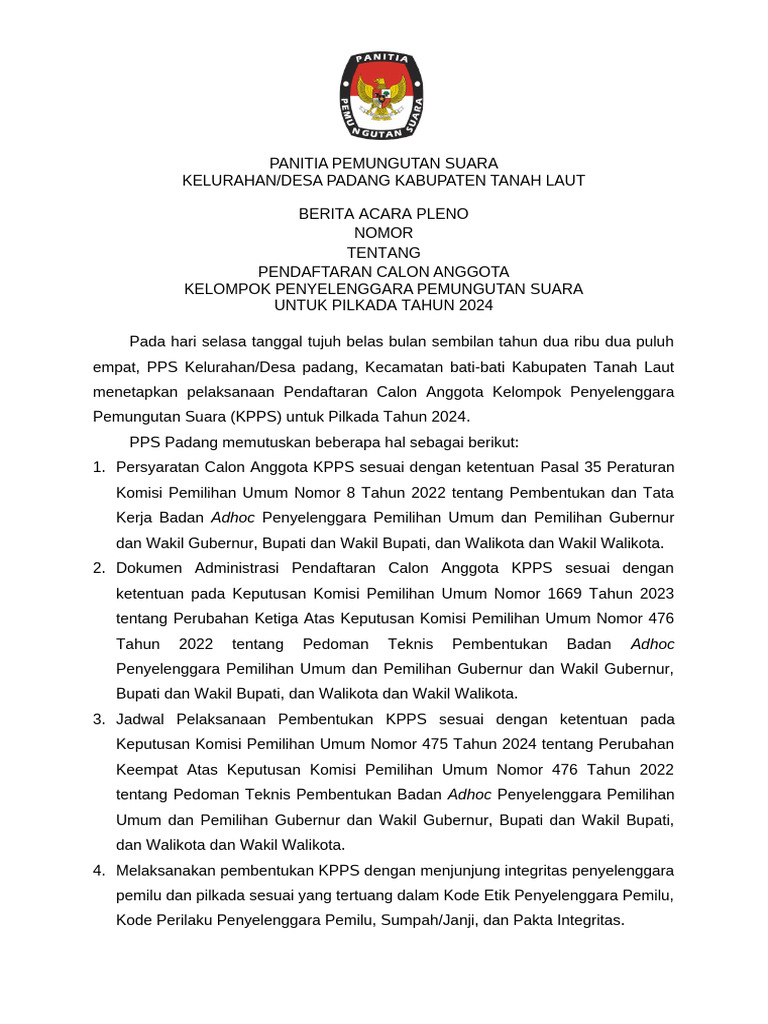 0 Berita Acara PPS Pendaftaran KPPS | PDF