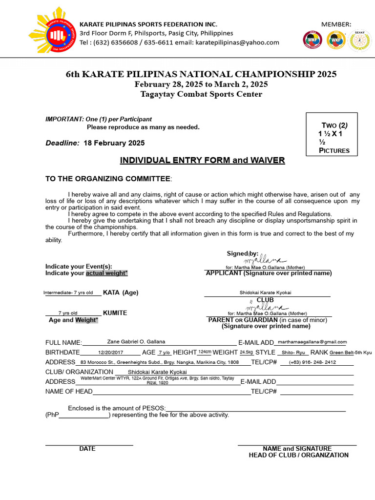 2025 KPSFI Nationals Entry Form | PDF | Karate | East Asian Martial Arts