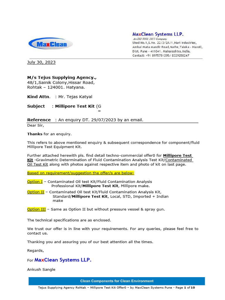Millipore Test Kit Offer0 - Tejus Supplying | PDF