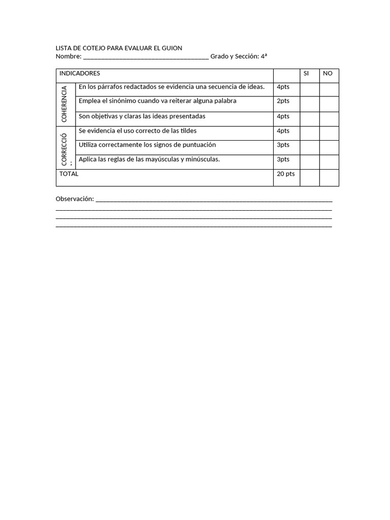 Lista de Cotejo para Evaluar Ficha de Resumen | PDF