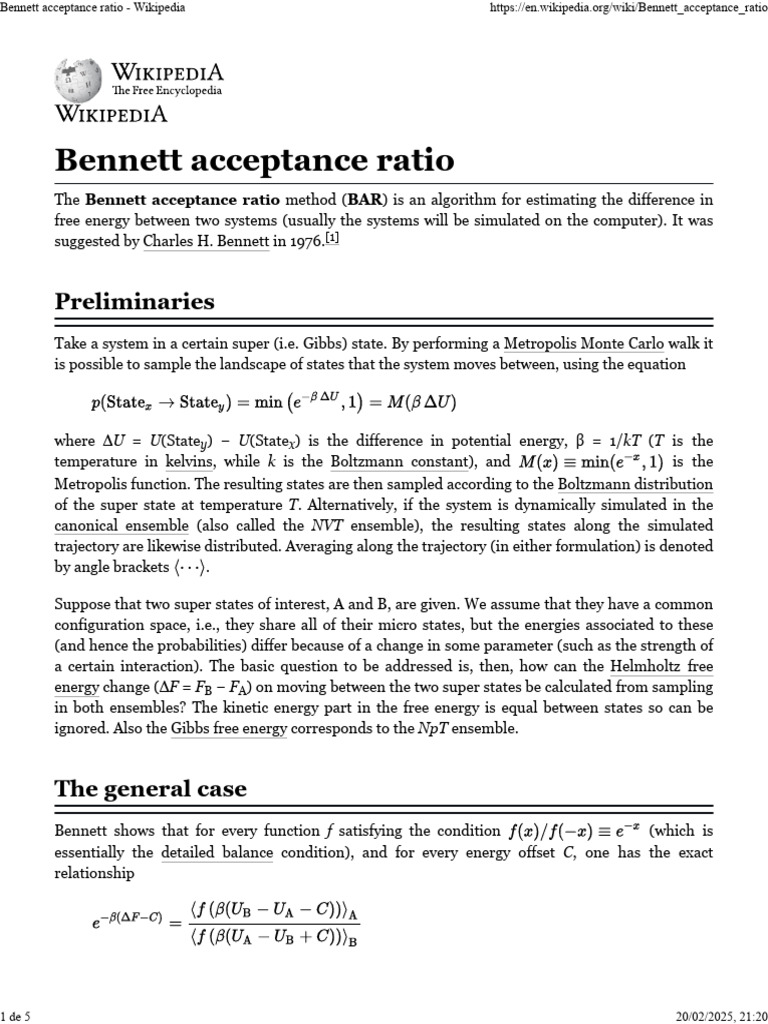 Bennett Acceptance Ratio Explained | PDF | Mathematical Physics | Theoretical Physics