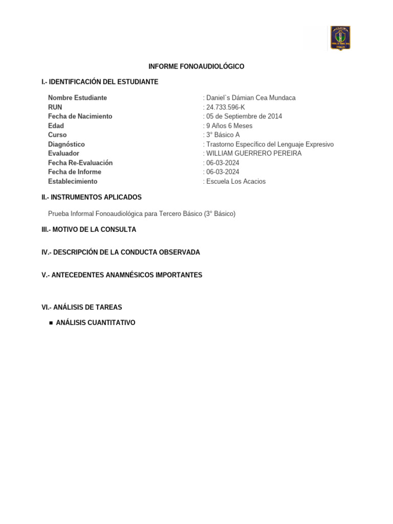 Informe Fonoaudiológico Word Prueba Informal Fonoaudiológica 3° Básico ...
