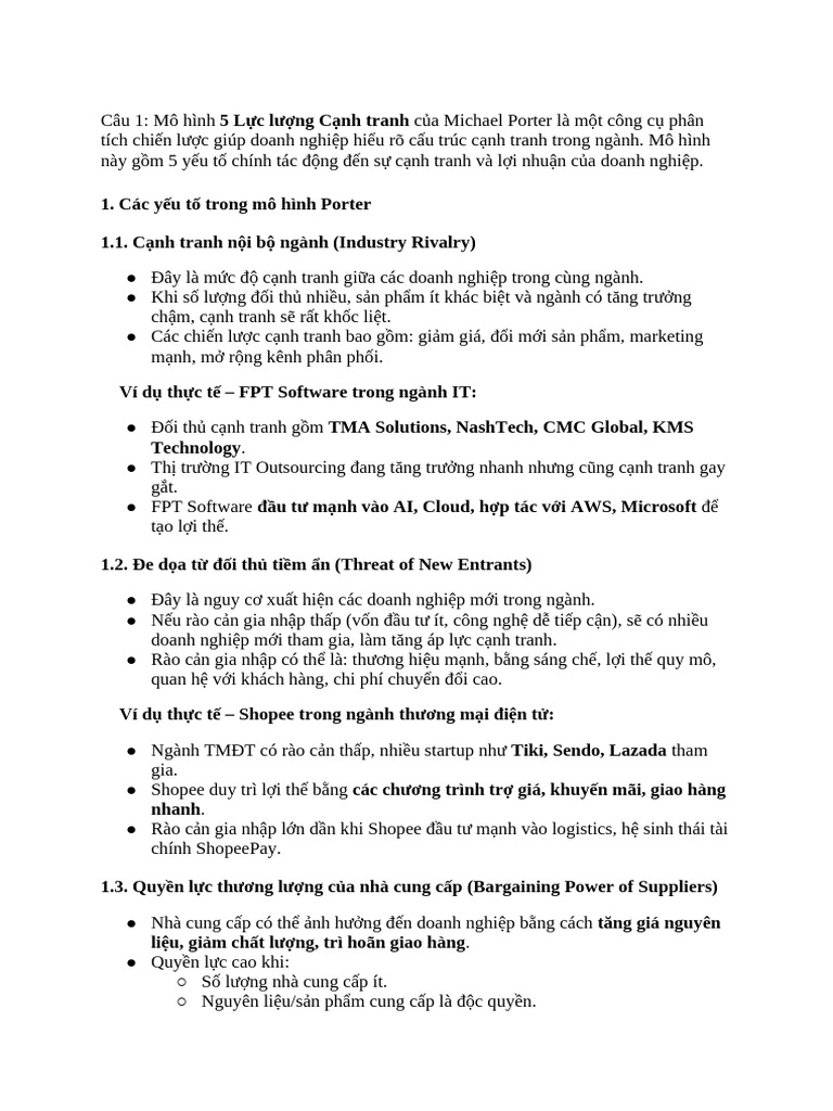Câu 1 - Mô Hình 5 L C Lư NG C NH Tranh C A Michael Porter | PDF