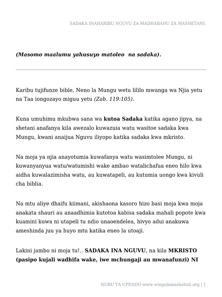 Sadaka Inaharibu Nguvu Za Madhabahu Za Mashetani. | PDF