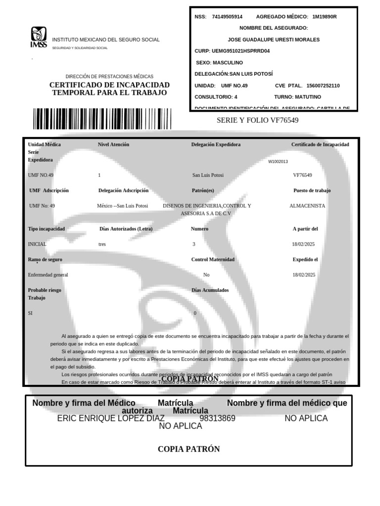 Certificado de Incapacidad IMSS 2025 | PDF