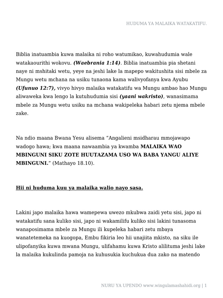 Huduma Ya Malaika Watakatifu. | PDF