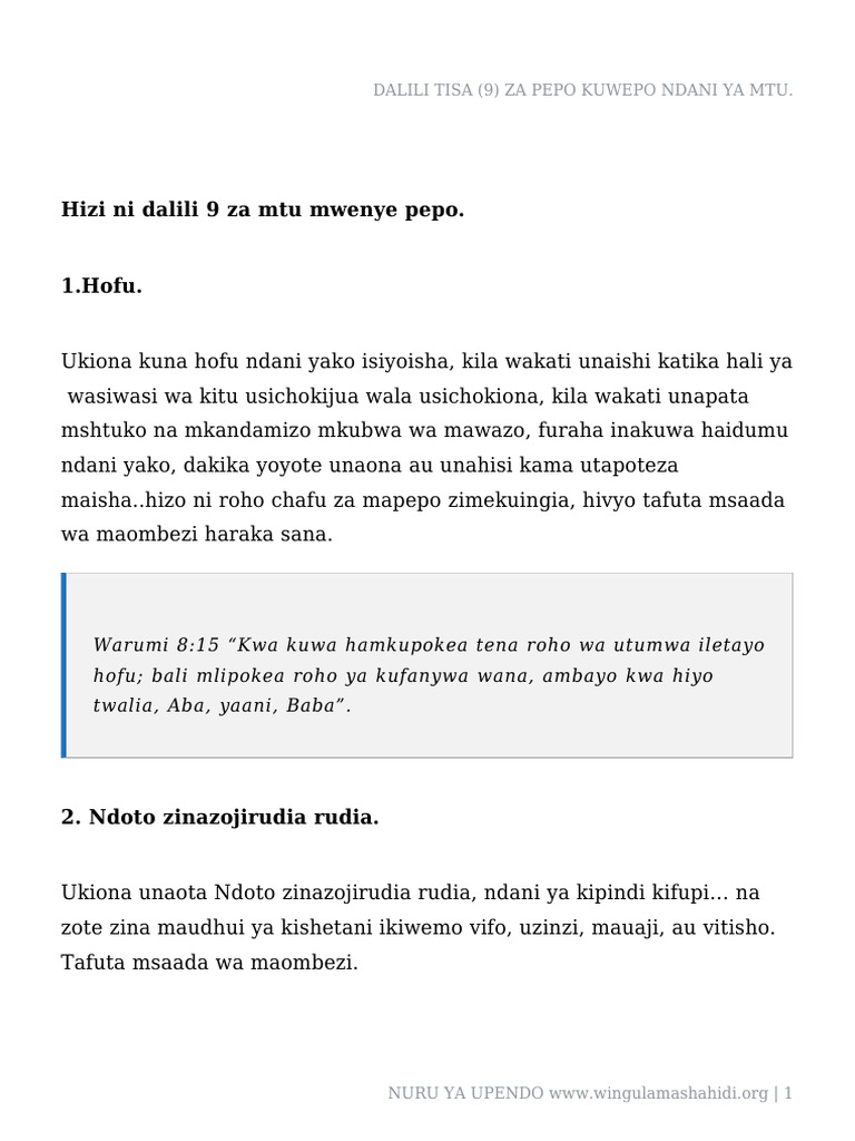 Dalili Tisa (9) Za Pepo Kuwepo Ndani Ya Mtu. | PDF