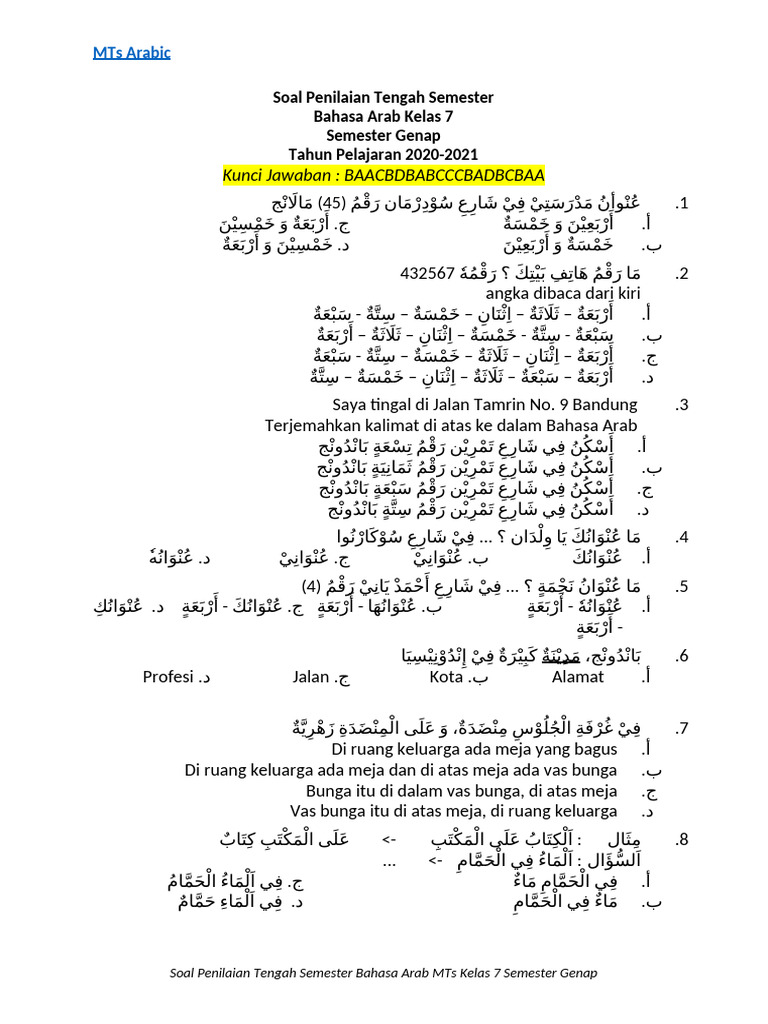 Soal PTS Bahasa Arab Kelas 7 Semester Genap Tahun Pelajaran 2020-2021 | PDF