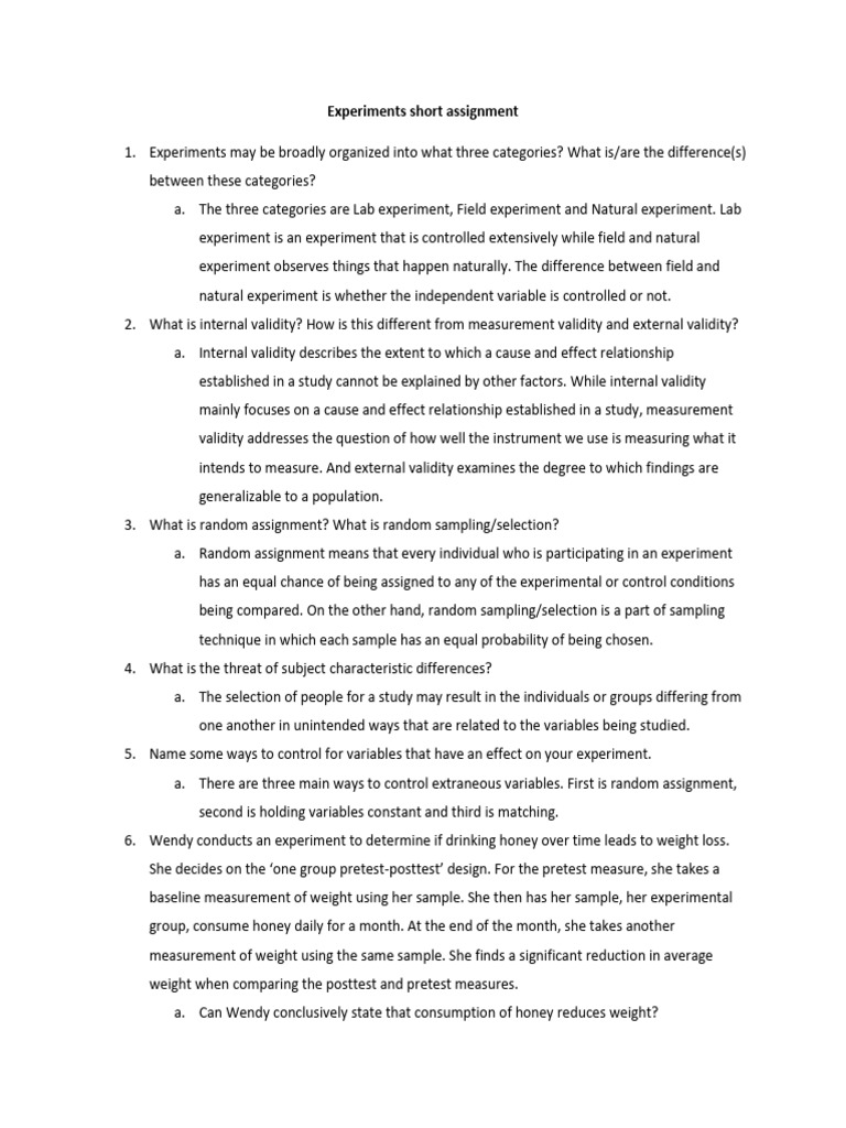 Experiments Short Assignment | PDF | Experiment | Validity (Statistics)
