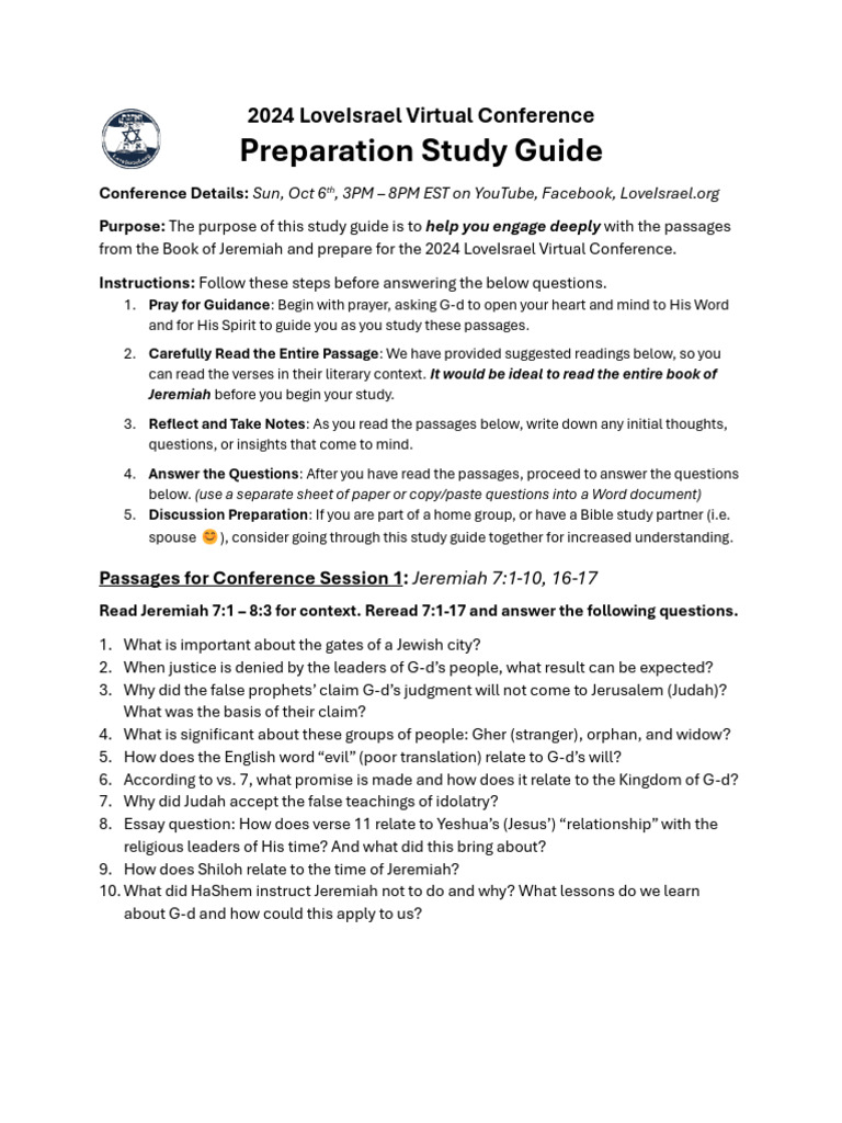 Studyguide 2024 LoveIsrael Virtual Conference | PDF | Jeremiah | Jesus