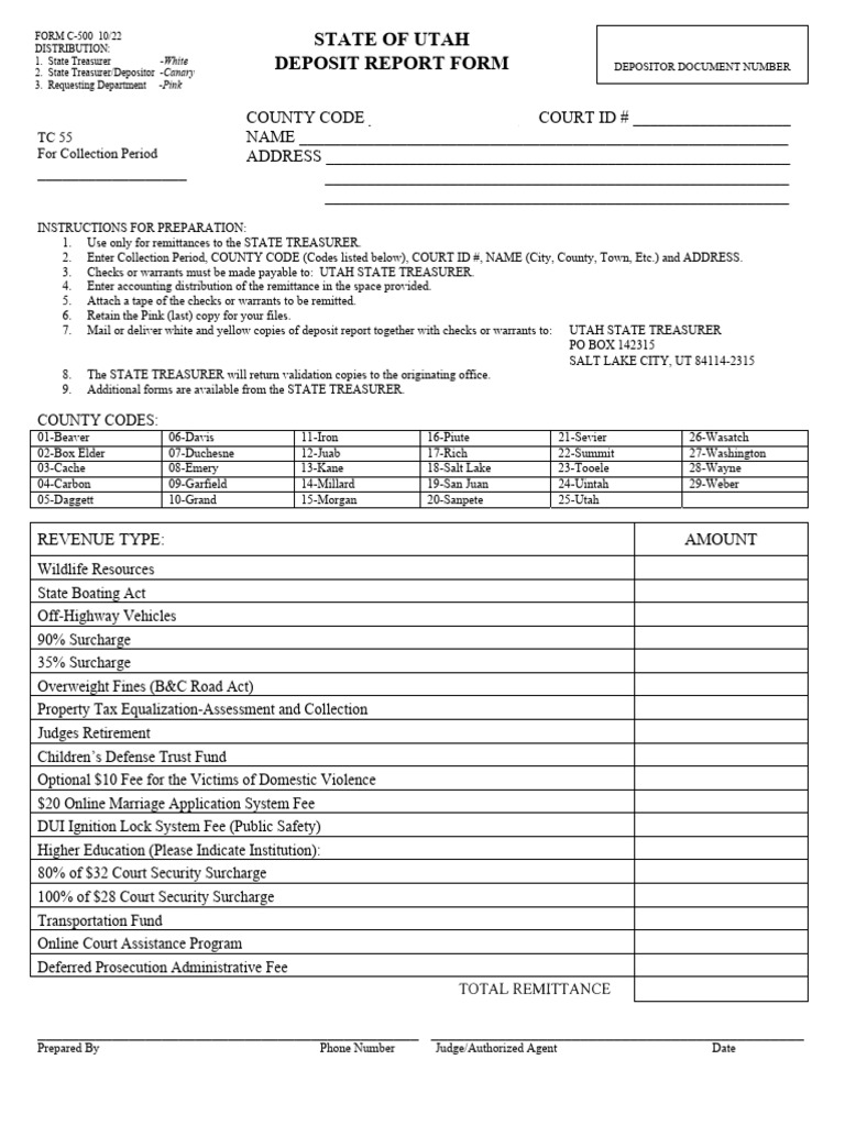 State of Utah Deposit Report Form: TC 55 For Collection Period | PDF | Fee