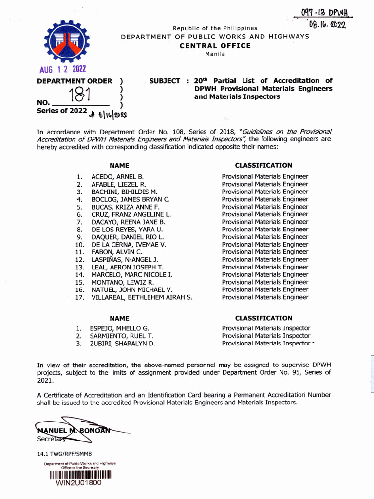 DPWH Provisional Materials Engineers List | PDF