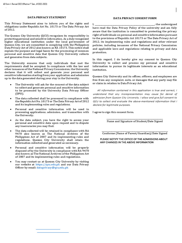 Ao1 2024 2025 2nd Sem Qcu Student Application Form For Admission Spm02112025 3rd Rev. 2 | PDF ...