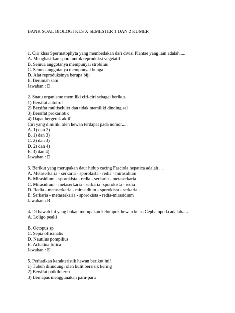 Bank Soal Biologi Kls X Semester 1 Dan 2 Kumer | PDF