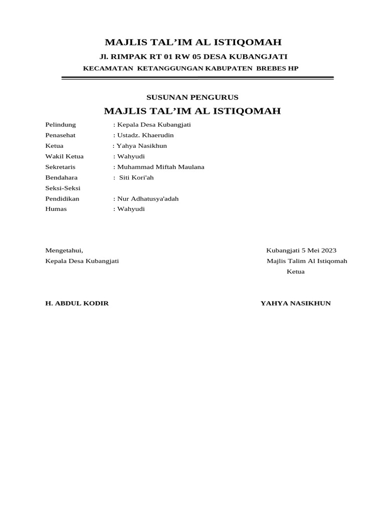 Pengurus Majlis Talim Al Istiqomah Brebes | PDF