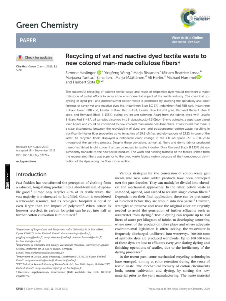 Green Chemistry: Recycling of Vat and Reactive Dyed Textile Waste To ...