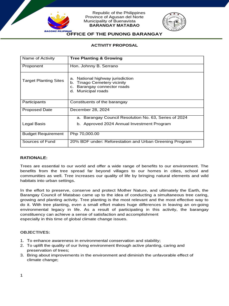 Tree Planting Proposal for Barangay Matabao | PDF | Trees | Economy And ...